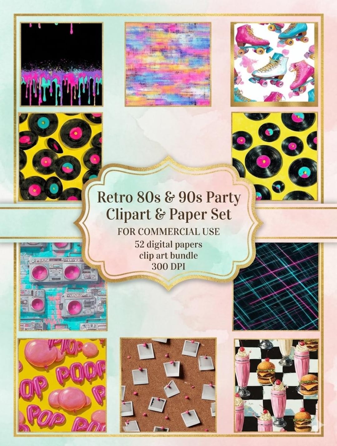 Retro Roller Disco Digital Paper Pack | 70s 80s Music, Skates & Neon ...