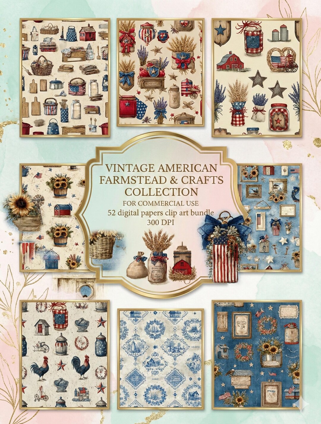 Rustic Farmhouse Patriotic Digital Paper | Vintage Country Americana ...