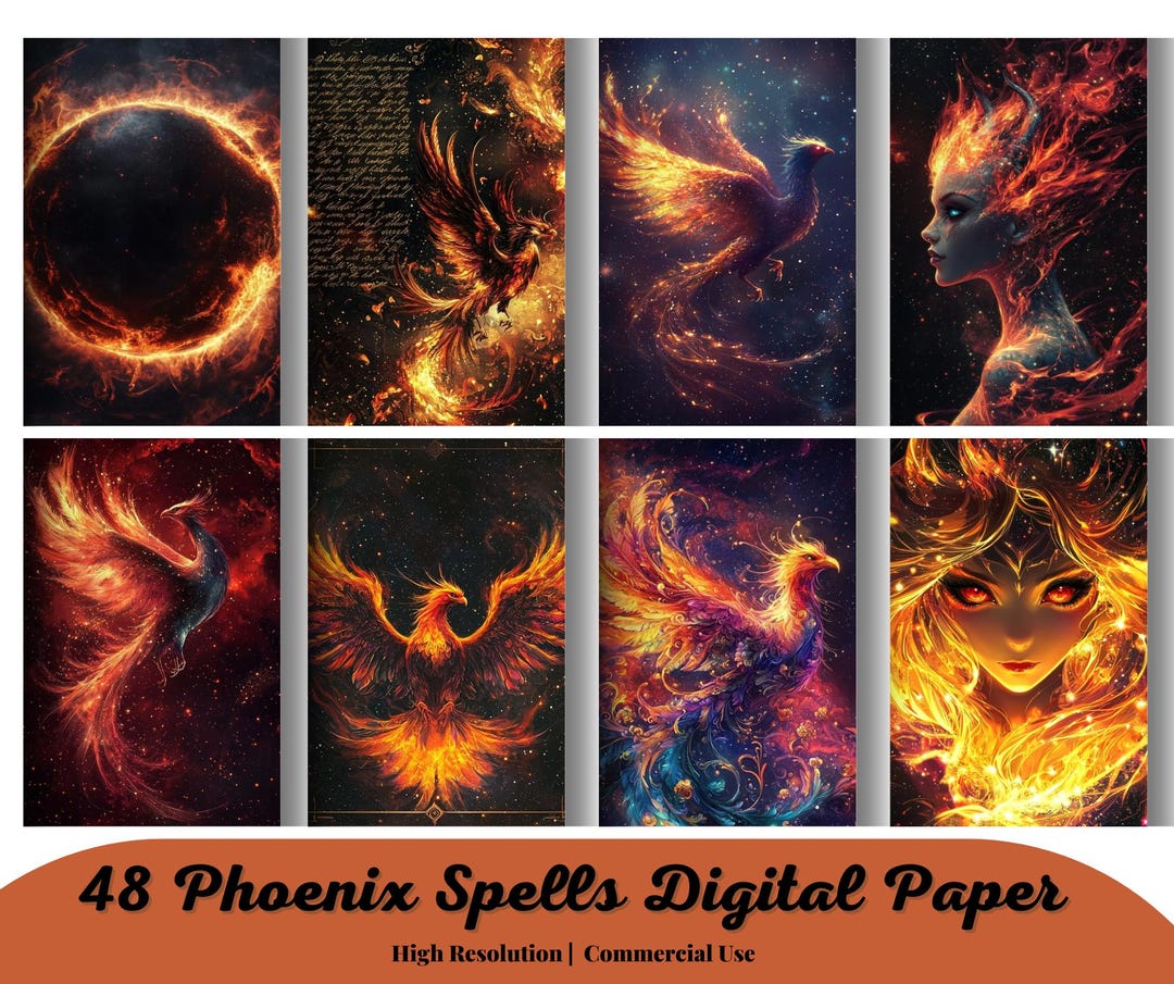 Phoenix Spells Digital Paper, Dark Galaxy Magic Floral Grunge Textures ...