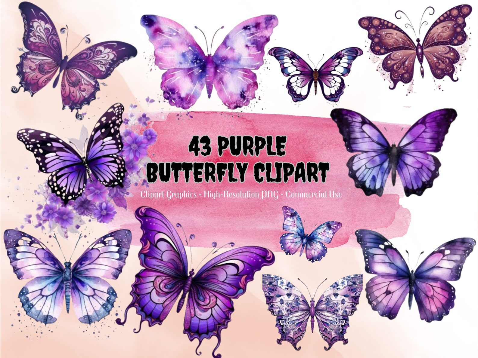 43 Purple Butterfly Clipart, Flowers Clipart, Png Files With ...