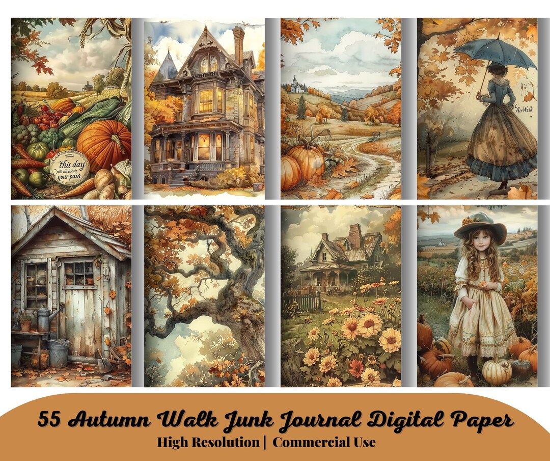 55 Autumn Walk Junk Journal Pages, Digital Fall Scrapbook Kit ...