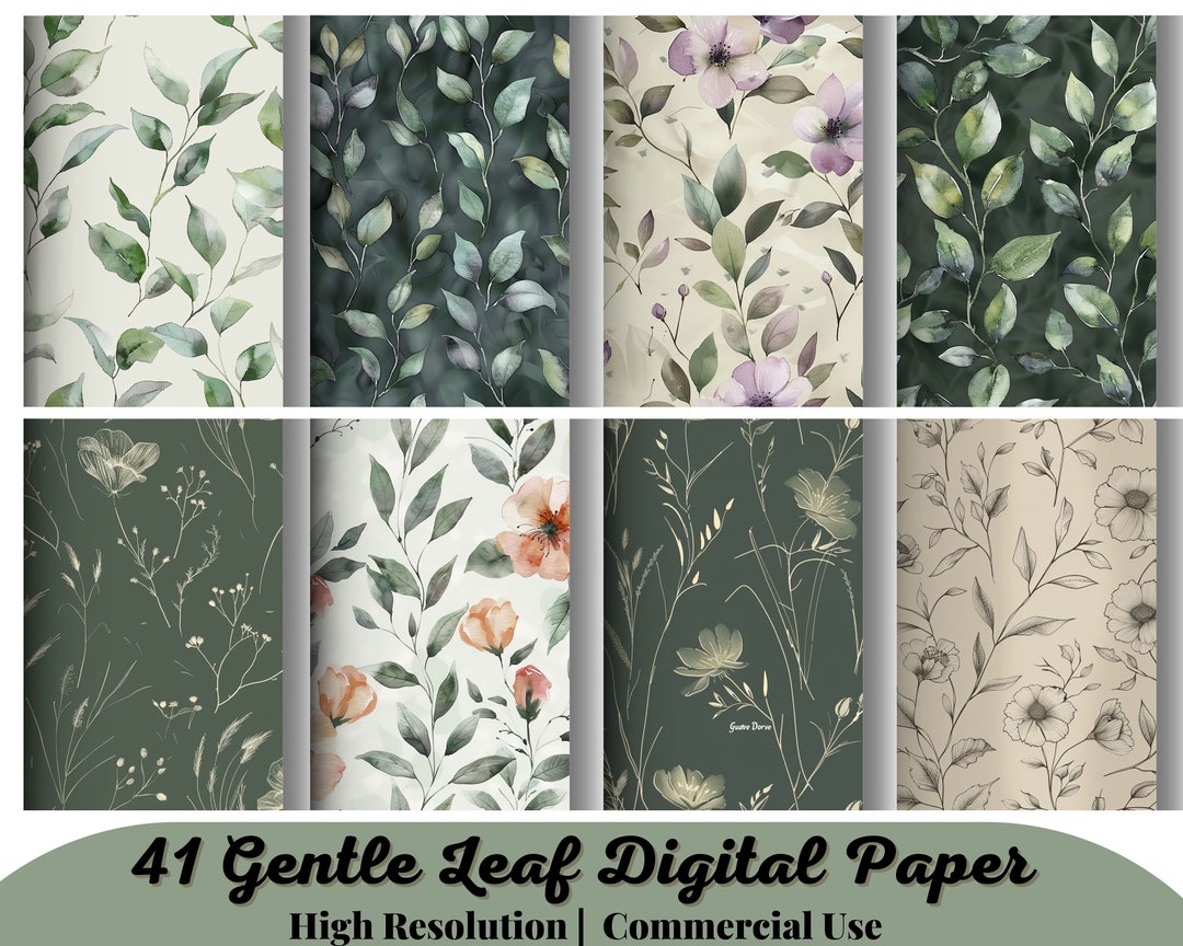 41 Gentle Leaf Digital Paper, Watercolor Scrapbook Papers, Seamless ...
