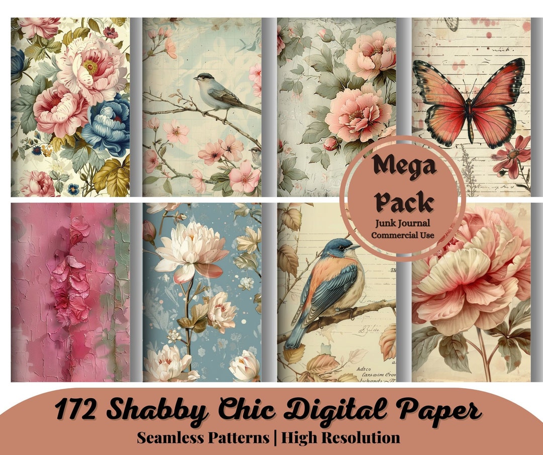 172 Shabby Chic Digital Paper Bundle, Vintage Farmhouse & Floral ...