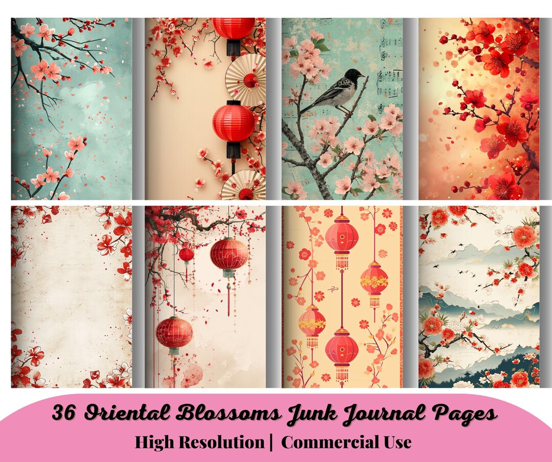 36 Oriental Blossoms Junk Journal Pages, Asian Digital Paper, Scrapbook ...