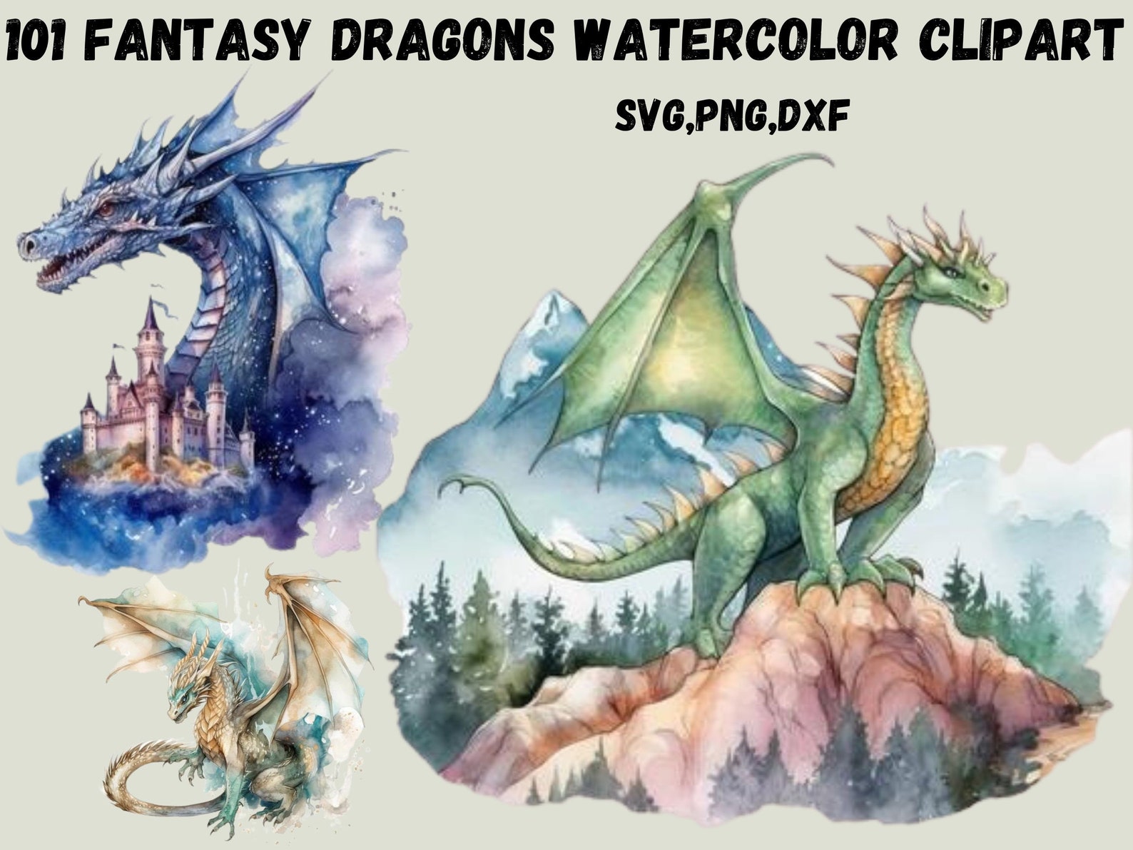 101 Fantasy Dragons Watercolor Clipart Magical Mystical Art - Etsy