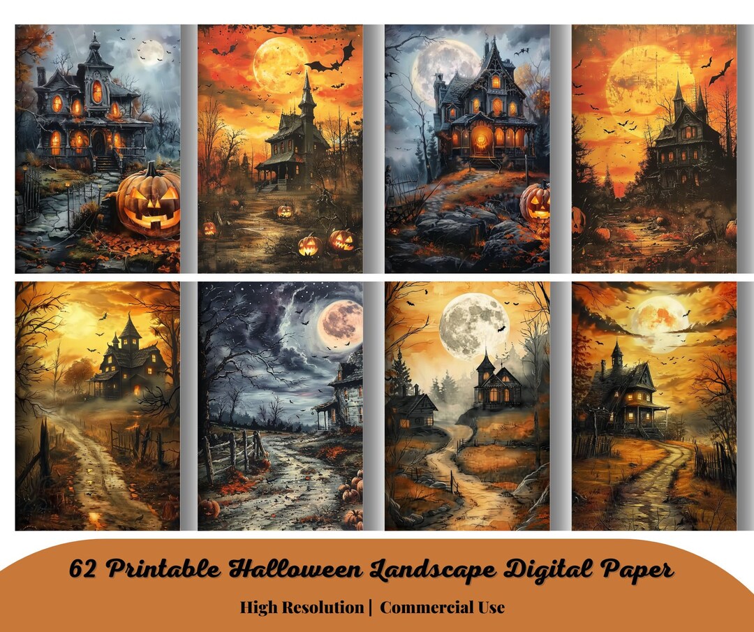 62 Printable Halloween Landscape Digital Paper, Watercolor Halloween ...