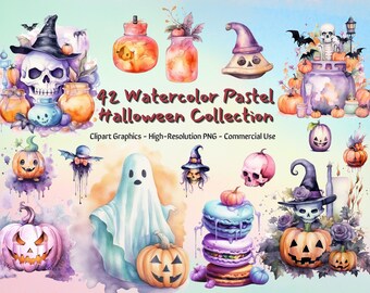 Watercolor Pastel Halloween Collection Clipart, 20 PNG Halloween ...