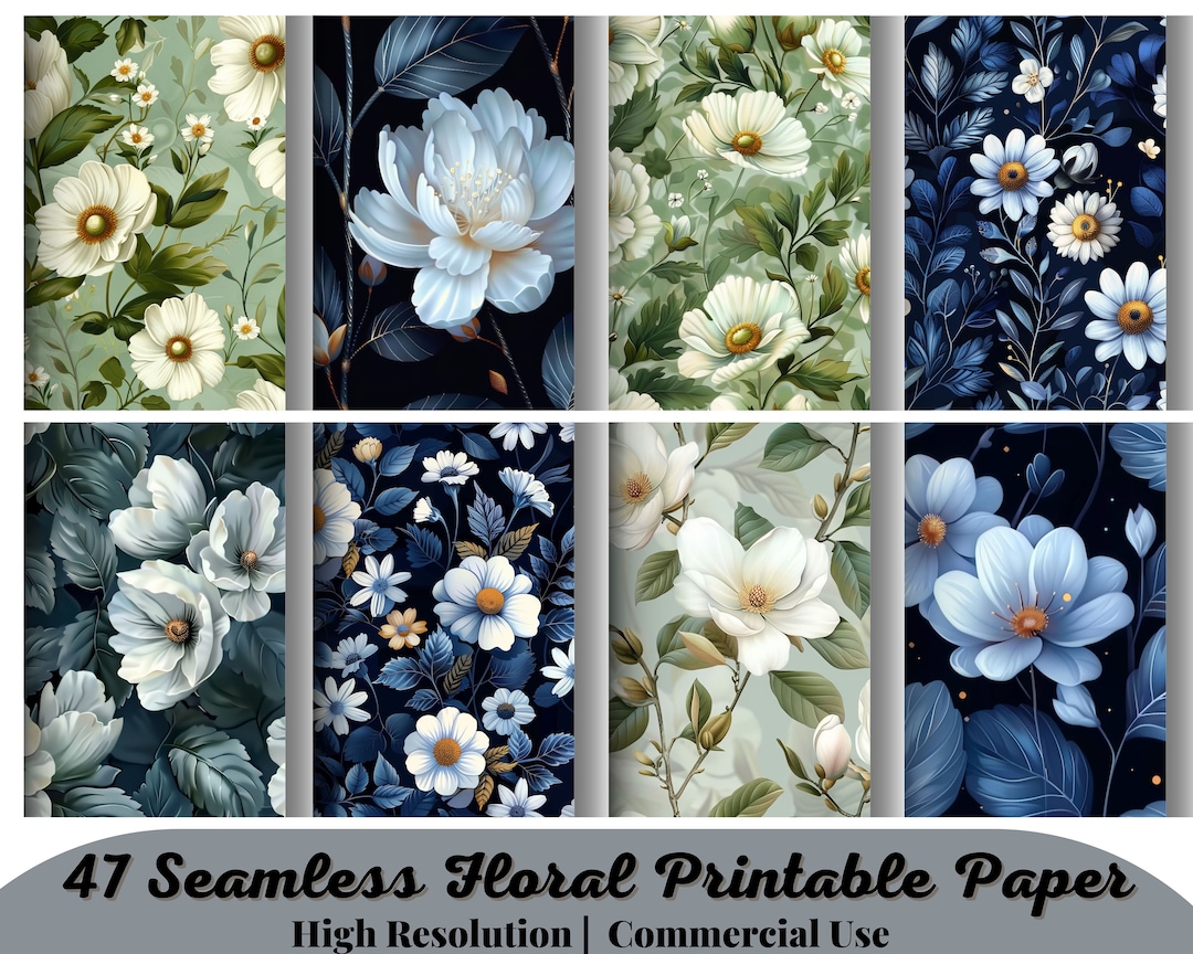 47 Seamless Floral Printable Paper, Blues & Greens Watercolor, Floral ...