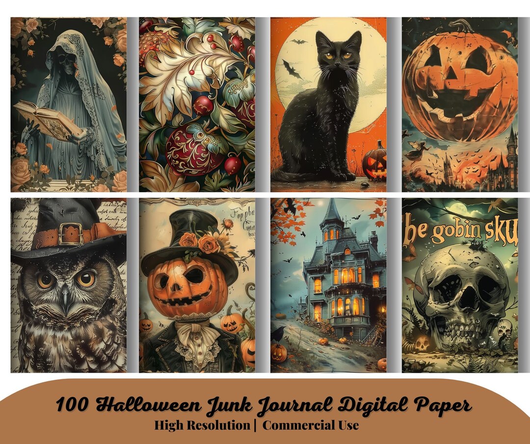 100 Halloween Junk Journal Pages, Digital Scrapbook Paper Kit, Spooky ...