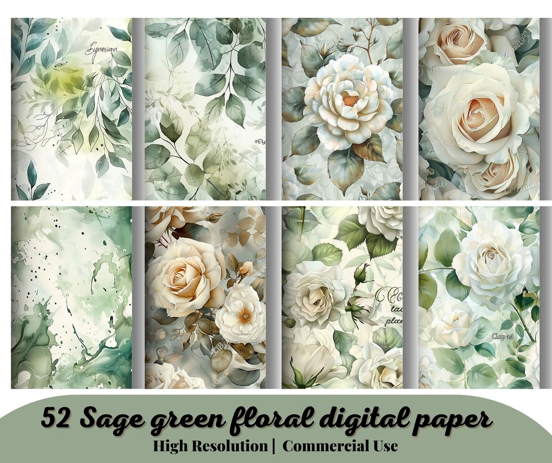 52 Sage Green Floral Watercolor Digital Paper, Abstract Pastel Wedding ...
