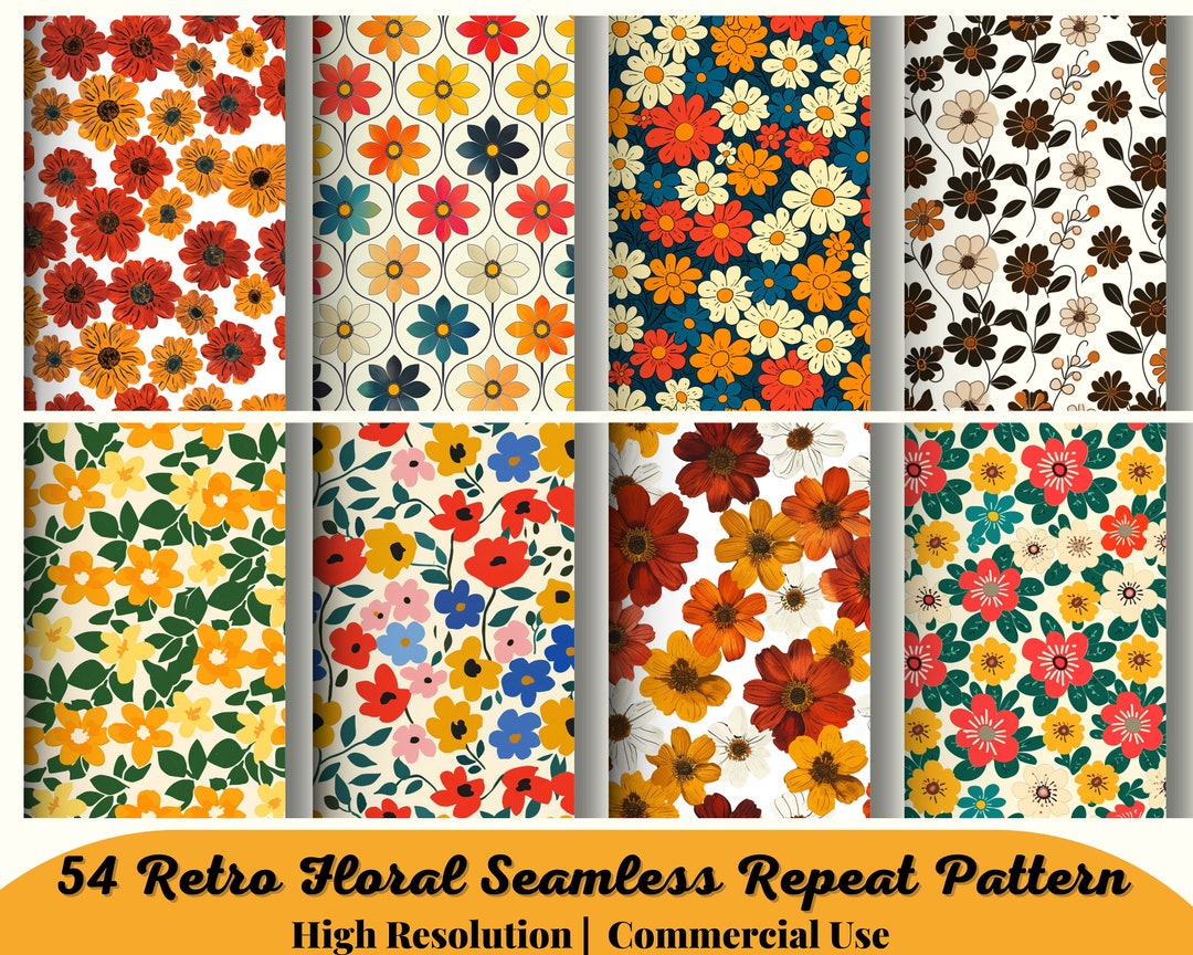 54 Retro Floral Seamless Repeat Pattern, RETRO FLOWERS, Backgrounds ...