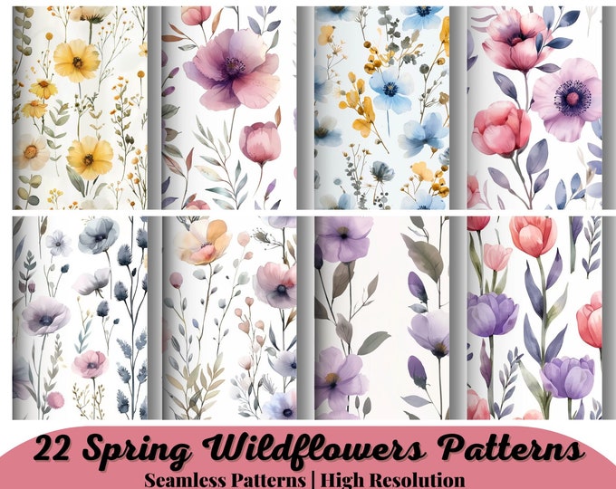 12 Pastel Flowers Patterns, Floral Digital Paper, Spring Wildflower ...