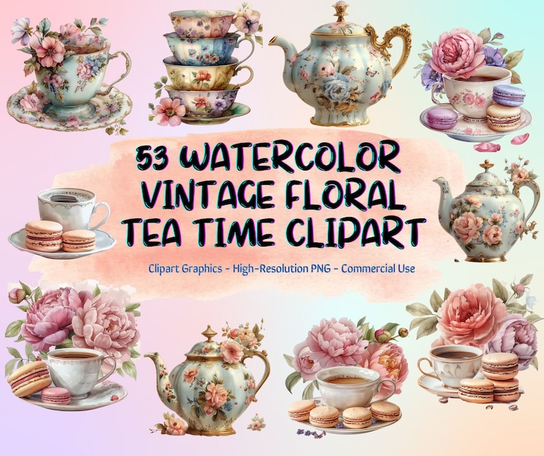 53 Watercolor Vintage Floral Tea Time Clipart, Pastel Tea Clipart, Tea ...