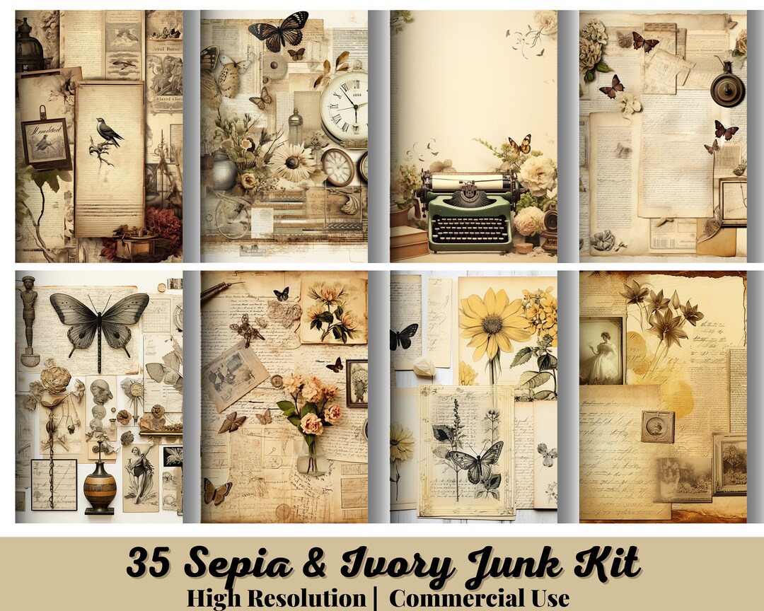 35 Sepia & Ivory Junk Kit, Junk Journal, Sepia, Ivory, Antique, Flowers ...