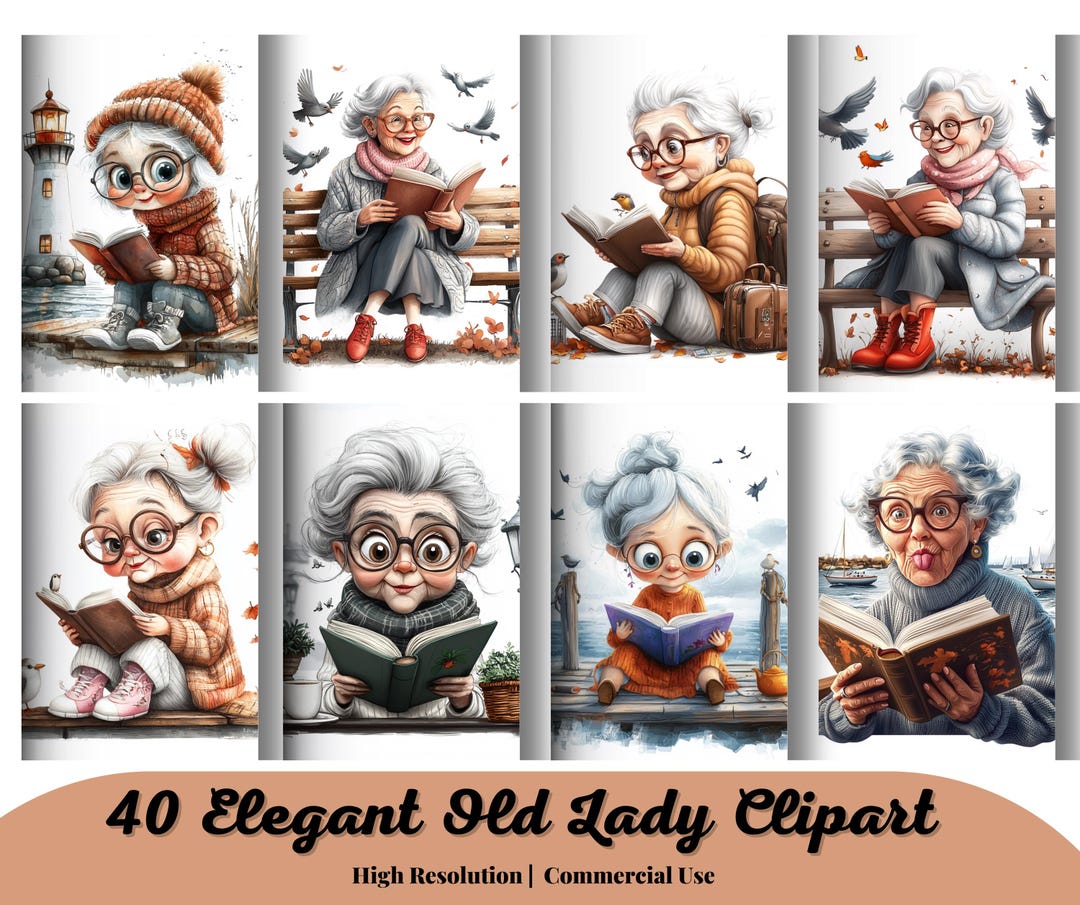 40 Elegant Old Lady With Book Clipart, Modern Grandma Clipart, Elderly ...