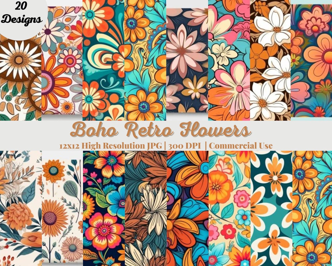 20 Boho Retro Flowers, Floral Repeating Seamless Pattern Design ...