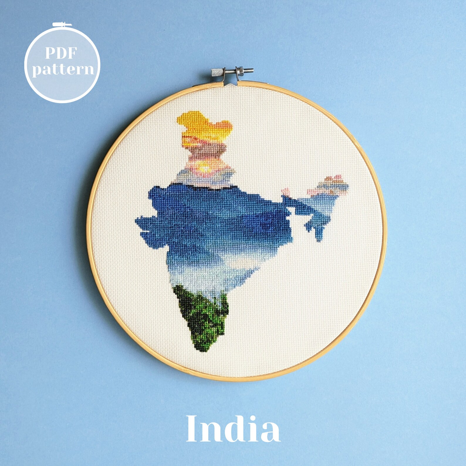 India Cross Stitch Map Pattern Landscape Sunset Embroidery Design ...