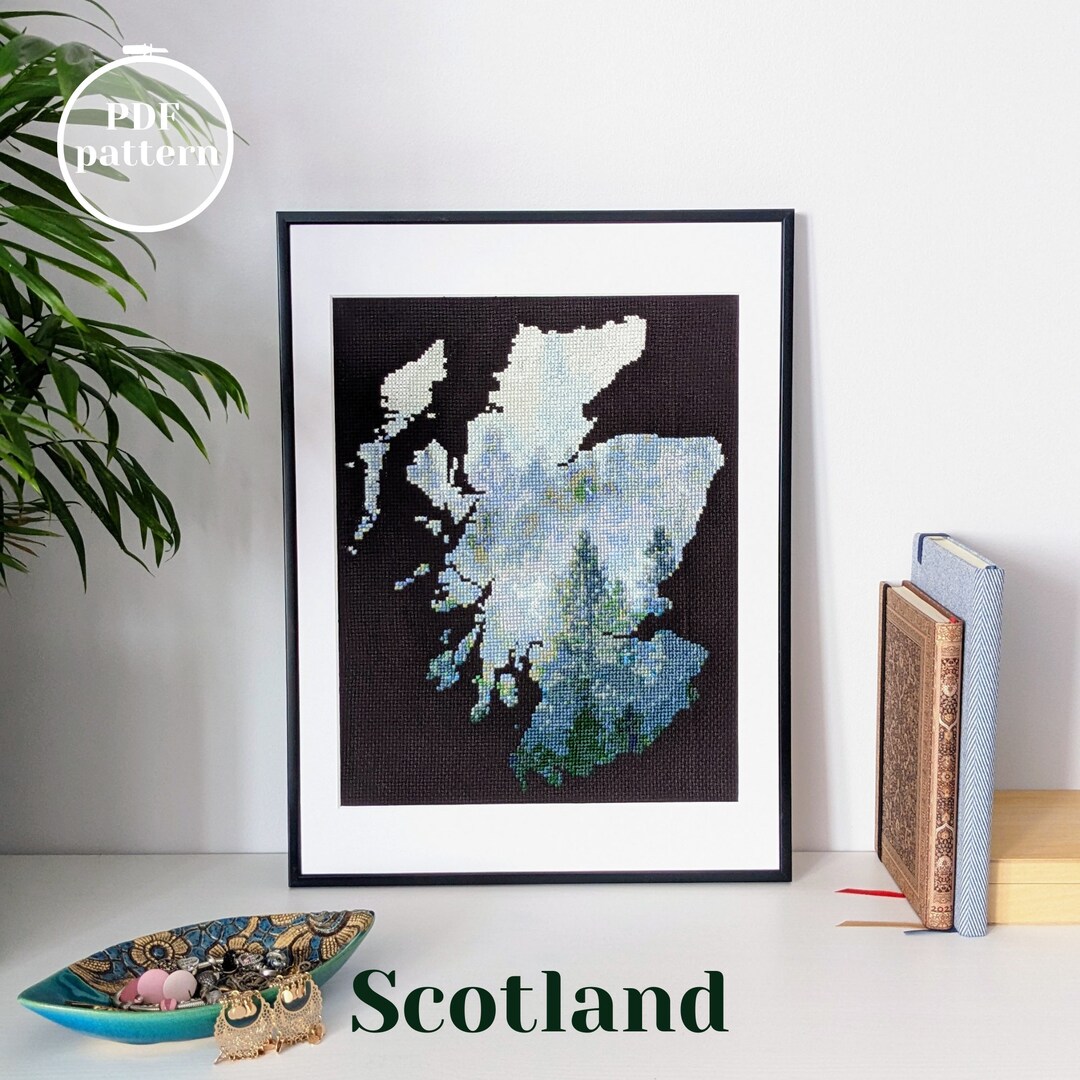 Scotland Map Cross Stitch Pattern With Misty Forest Design. Modern ...