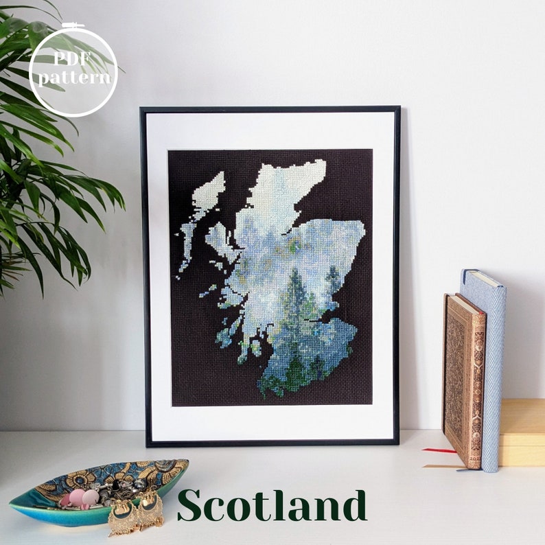 Scotland Map Cross Stitch Pattern With Misty Forest Design Modern ...