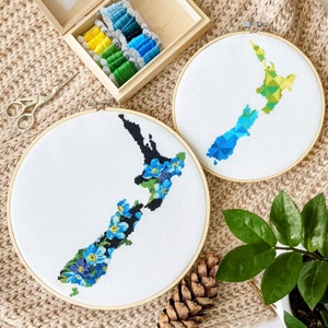 New Zealand Map Cross Stitch Pattern With Blue Forget Me Nots. Simple ...