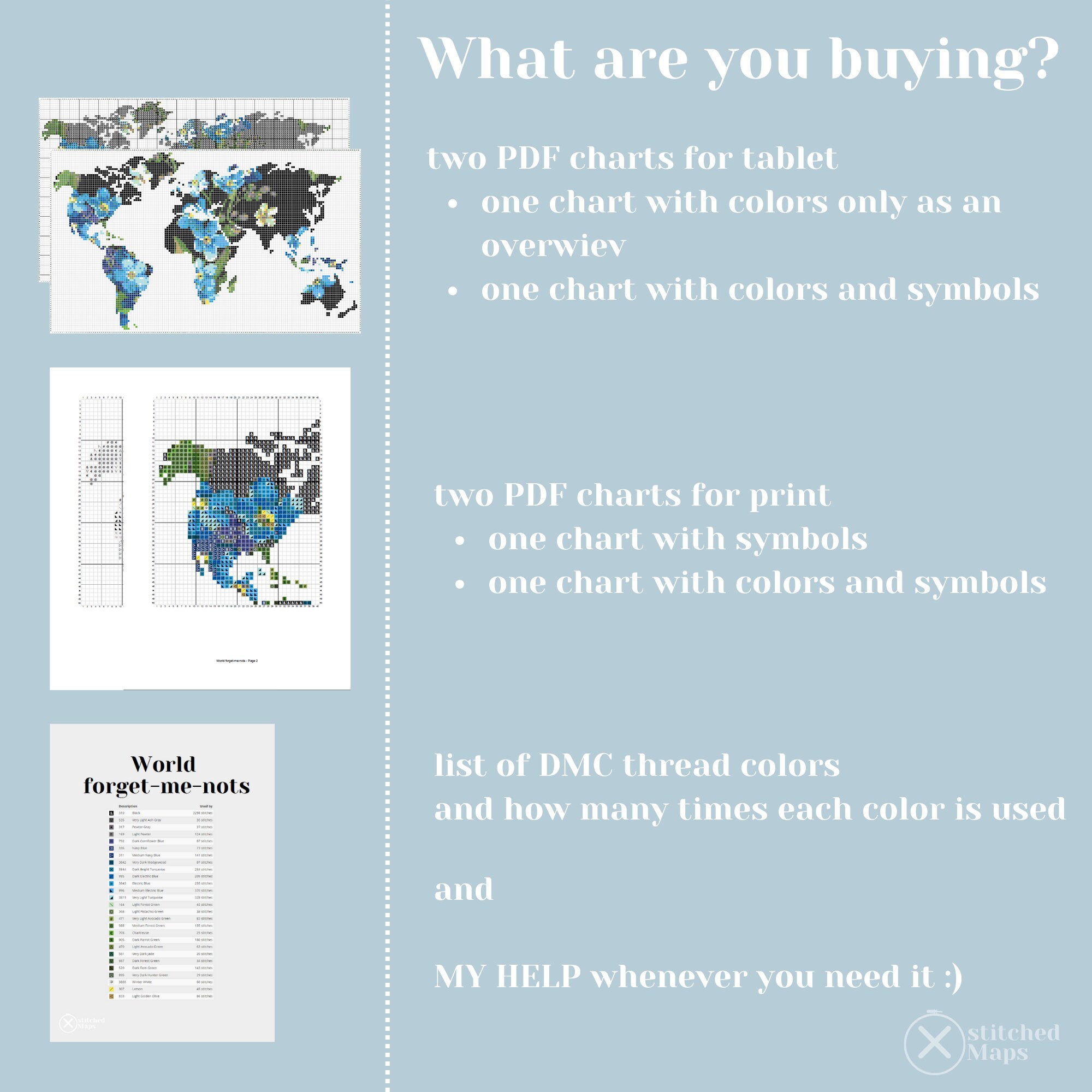 World Map With Flowers Design Cross Stitch Pattern. Modern Beginner ...