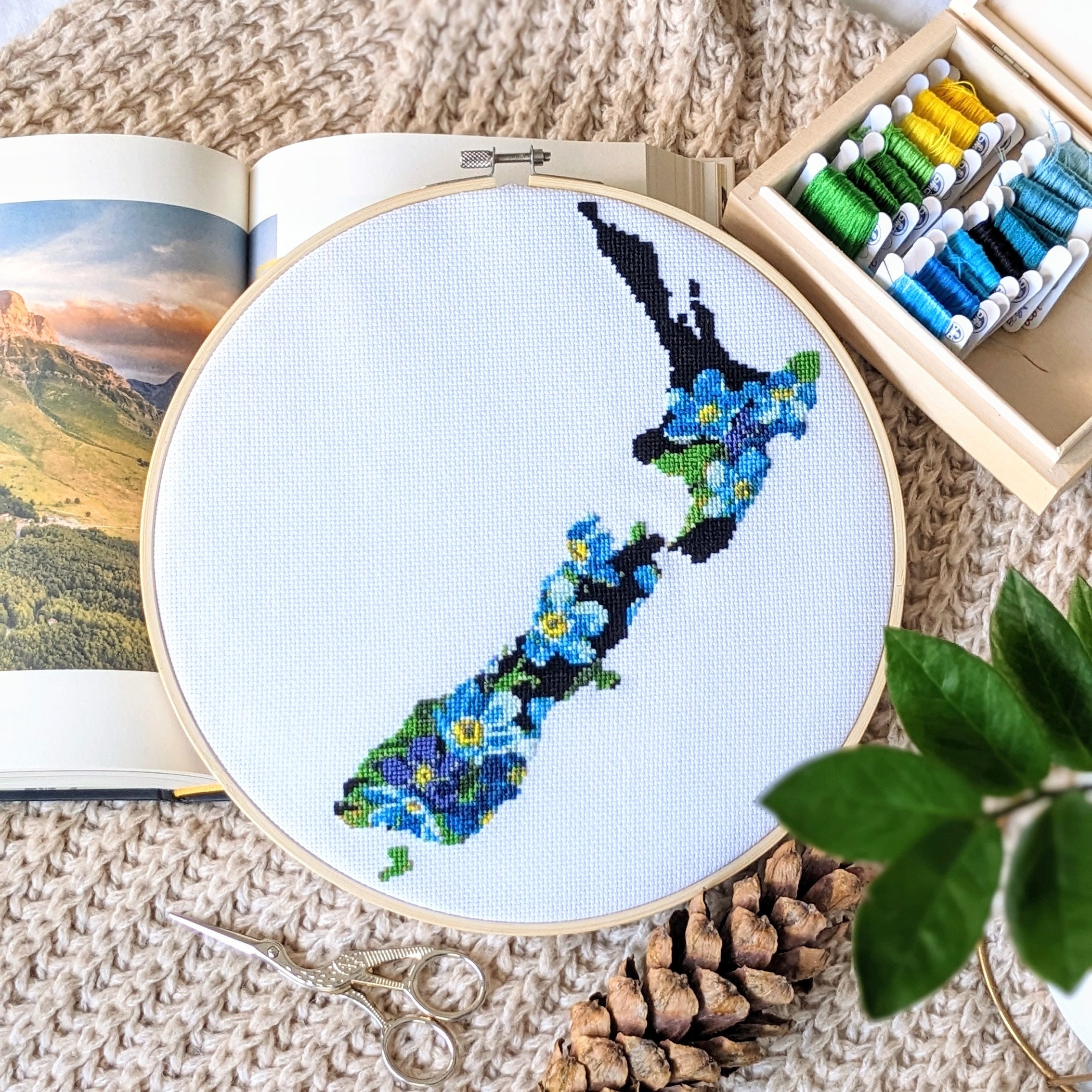 New Zealand Map Cross Stitch Pattern With Blue Forget Me Nots. Simple ...