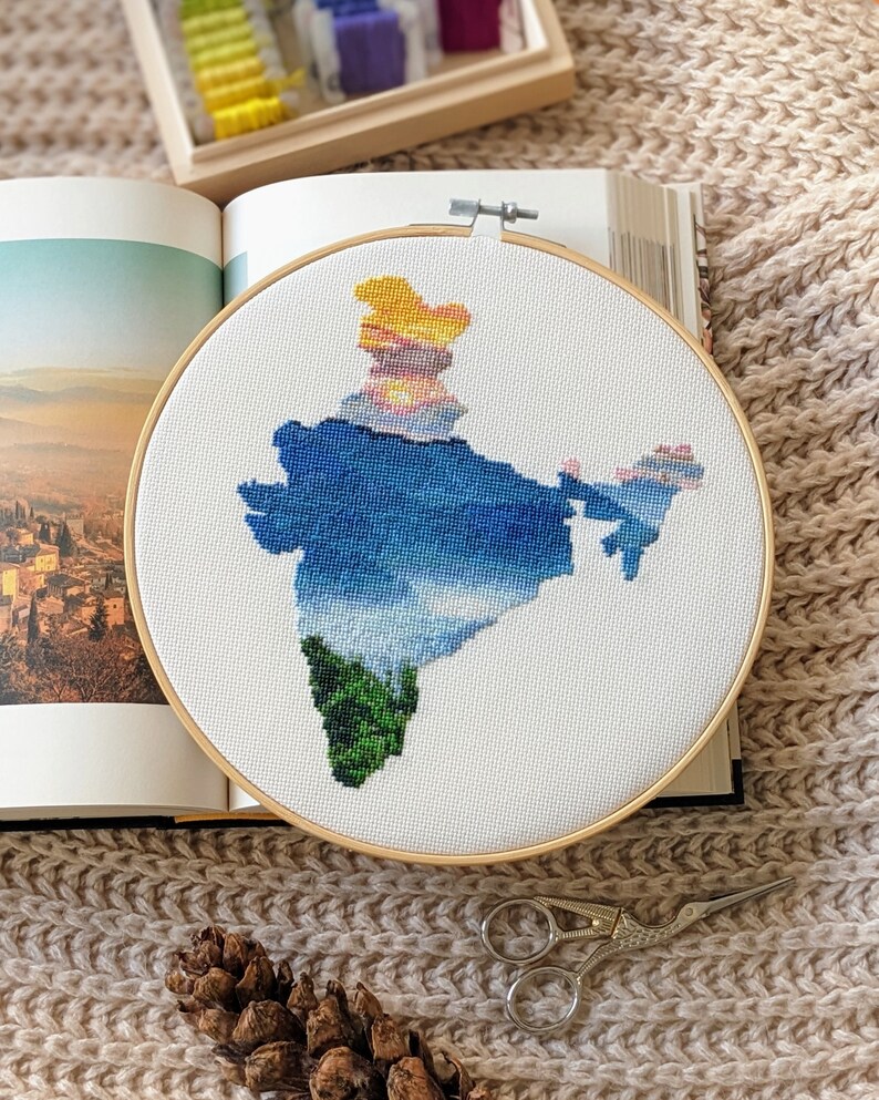 India Cross Stitch Map Pattern Landscape Sunset Embroidery Design ...