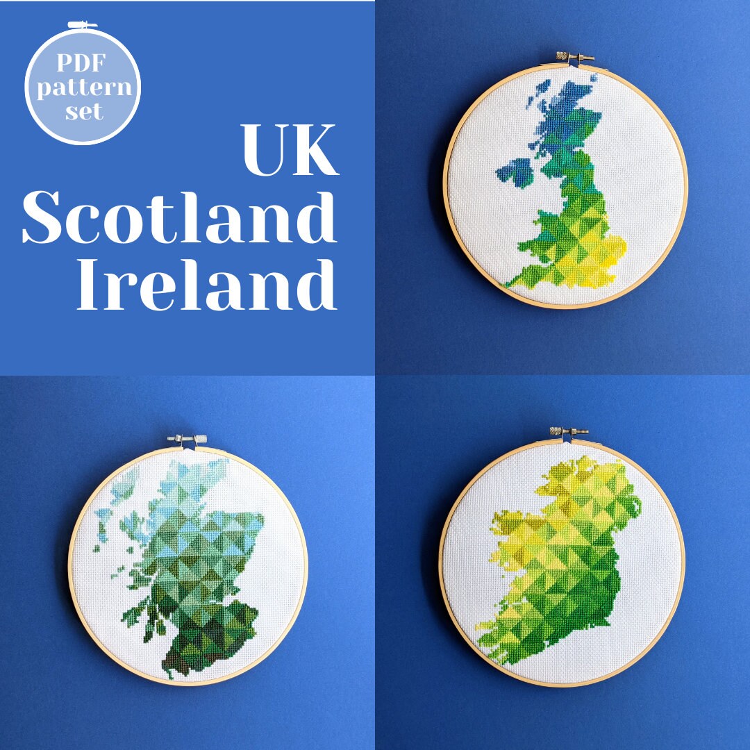 UK Scotland Ireland Cross Stitch Pattern Set. Modern Embroidery Maps ...