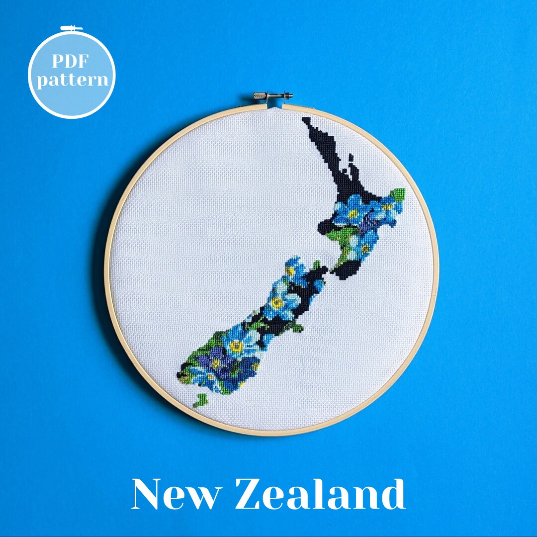 New Zealand Map Cross Stitch Pattern With Blue Forget Me Nots. Simple ...