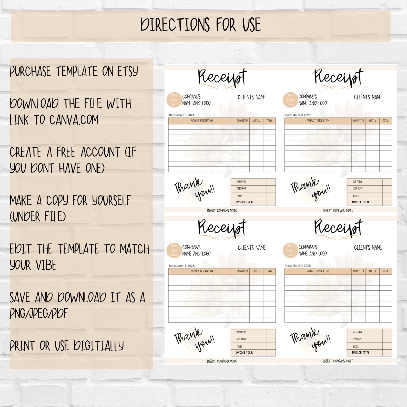 Editable Receipt Template, Instant Download, Invoice Form - Etsy