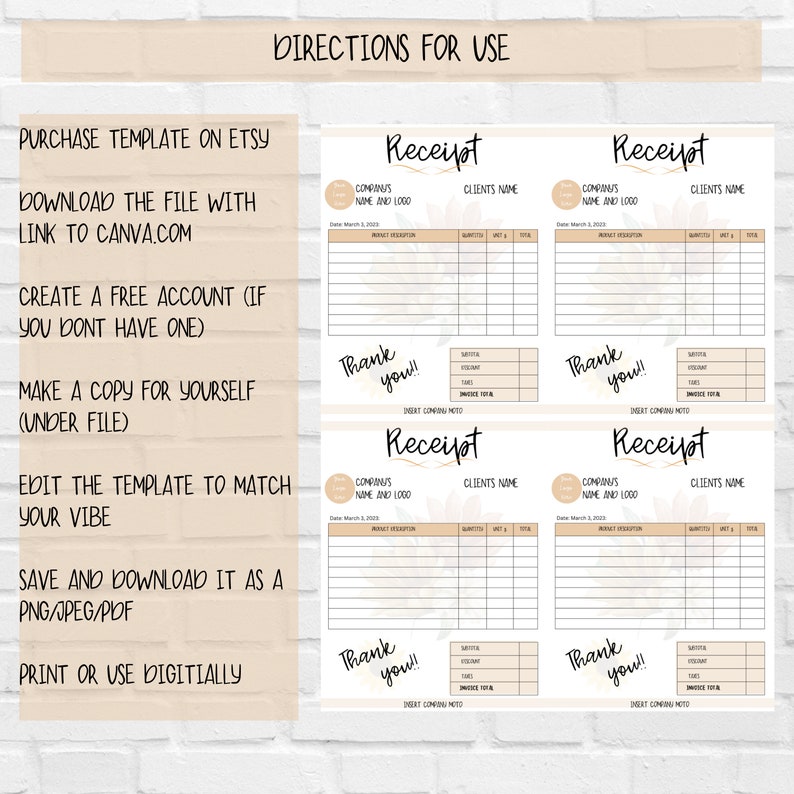 Editable Receipt Template, Instant Download, Invoice Form - Etsy