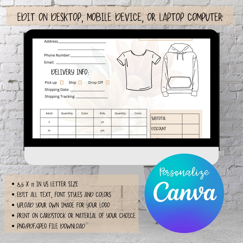 Editable T Shirt Order Form Template, Small Business, Printable in ...