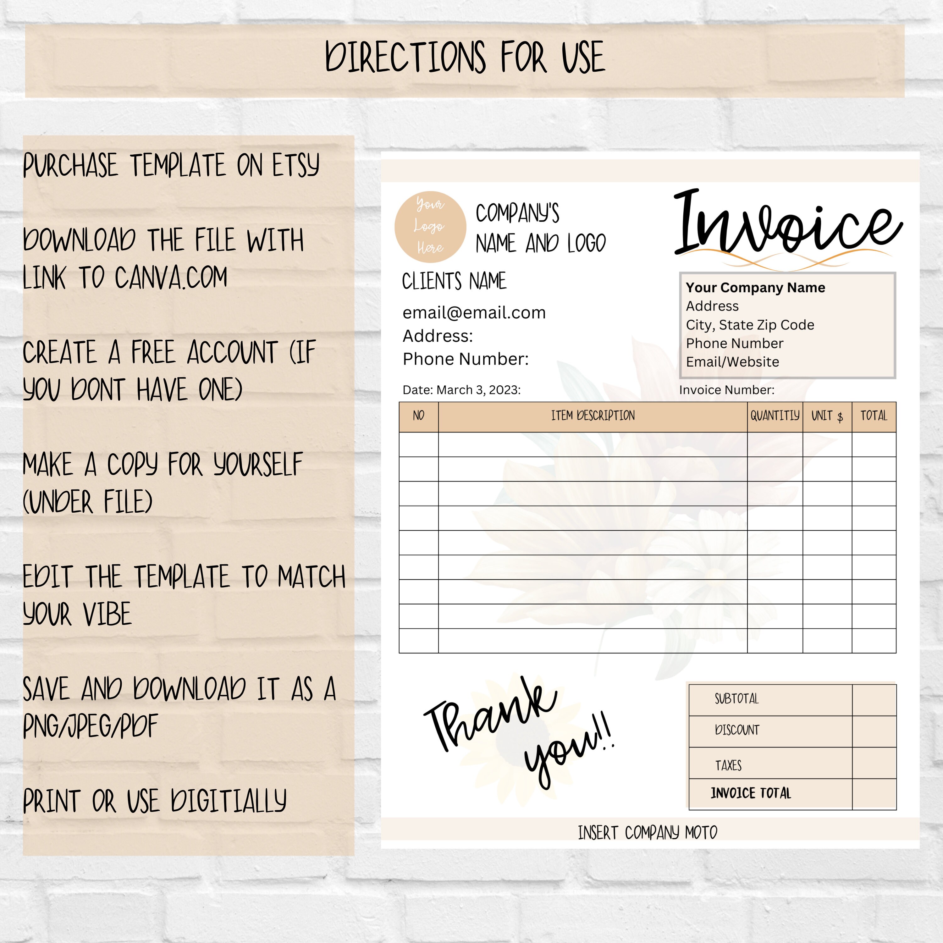 Editable Invoice Template, Instant Download, Invoice Form, - Etsy