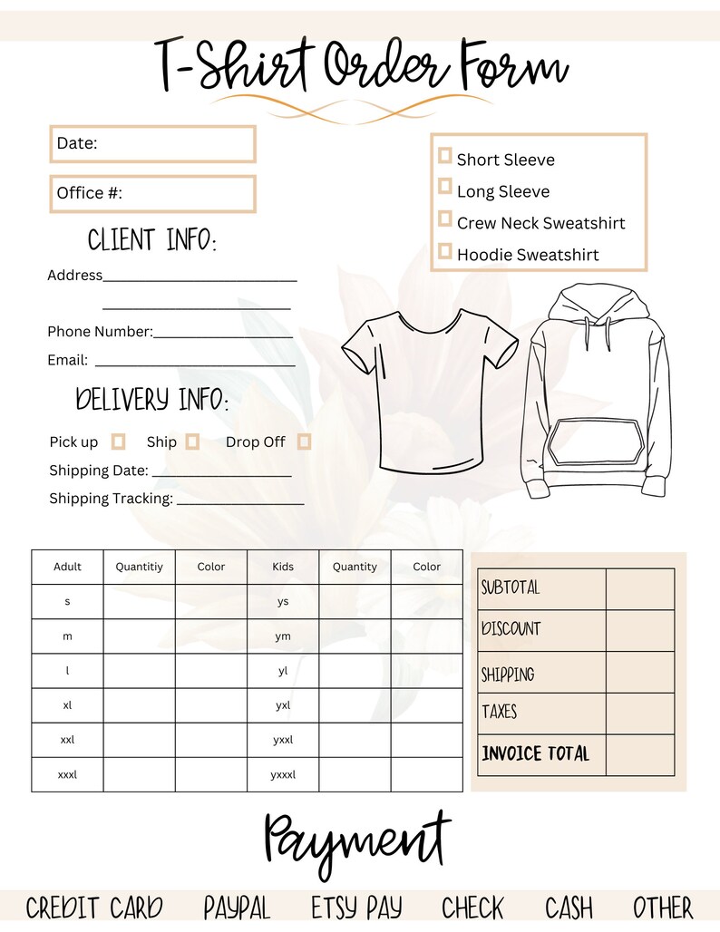 Editable T Shirt Order Form Template, Small Business, Printable in ...