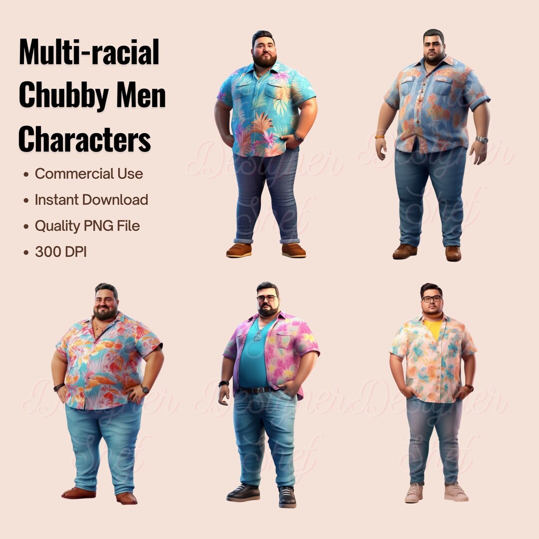 Multiracial Chubby Men Character Designs, Cartoon Multiracial Men Png ...