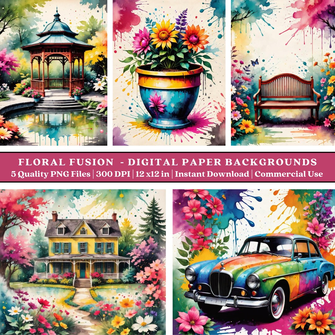 5 FLORAL FUSION Digital Paper Theme | Vibrant & Fun | Backgrounds ...