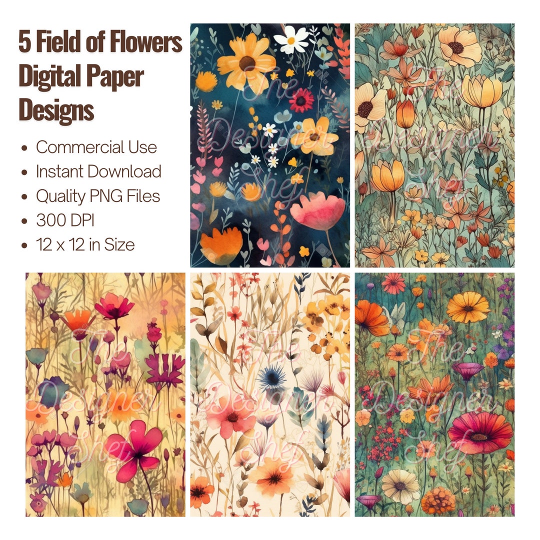 5 Field of Flowers Digital Paper Design - High-quality Backgrounds ...