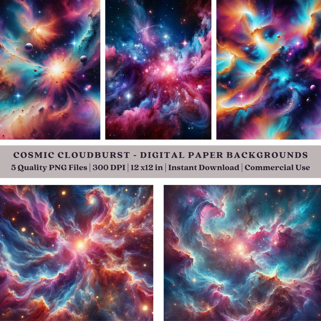 5 Cosmic Cloudburst Digital Paper | Unique | Backgrounds | Scrapbook | Inserts | AI Advanced ...