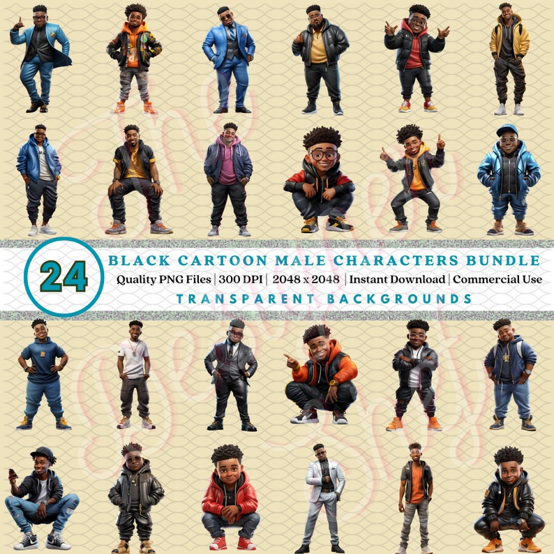 24 Random Black Guy Cartoon Characters RANDOM BUNDLE Afro Clipart ...