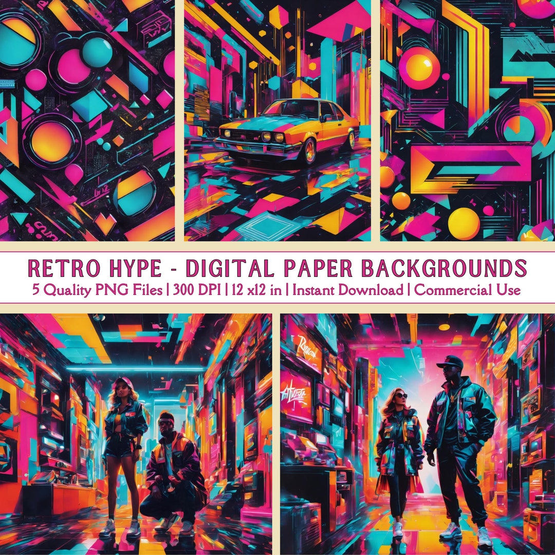 5 RETRO HYPE Digital Paper Theme | Vibrant | Abstract | Backgrounds ...