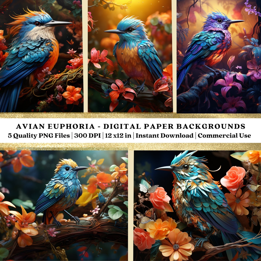 5 Avian Euphoria Digital Paper Theme - Beautiful Bird Paper Backgrounds ...