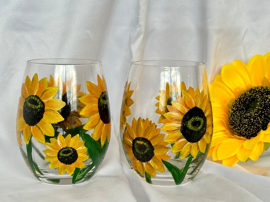 Hand Painted Wine Glasses Sunflowers- Set of 2 15 Oz Glasses - Etsy