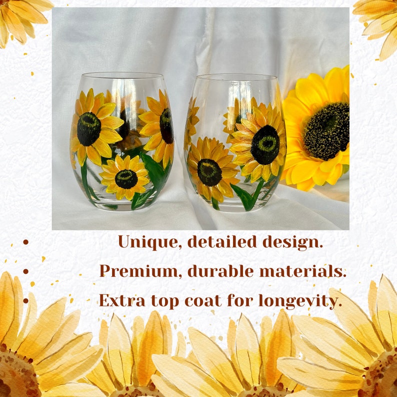 Hand Painted Wine Glasses Sunflowers Set of 2 15 Oz Glasses - Etsy