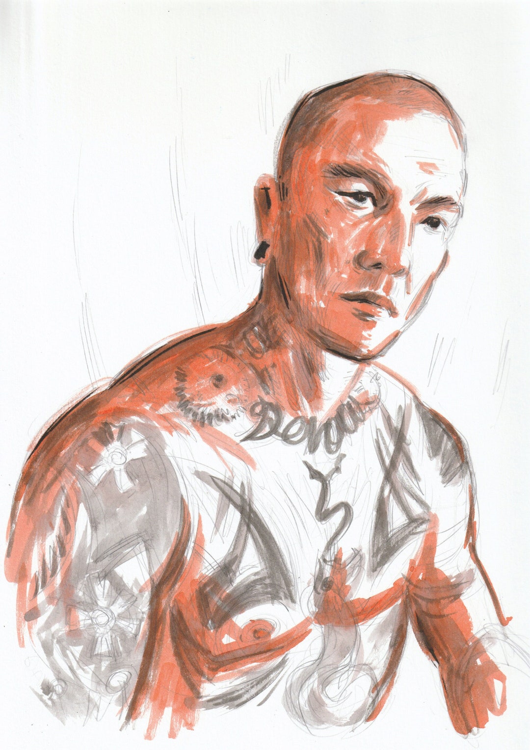 Damian Original Portrait Drawing in Graphite and Ink Wash on 9 X 12 ...