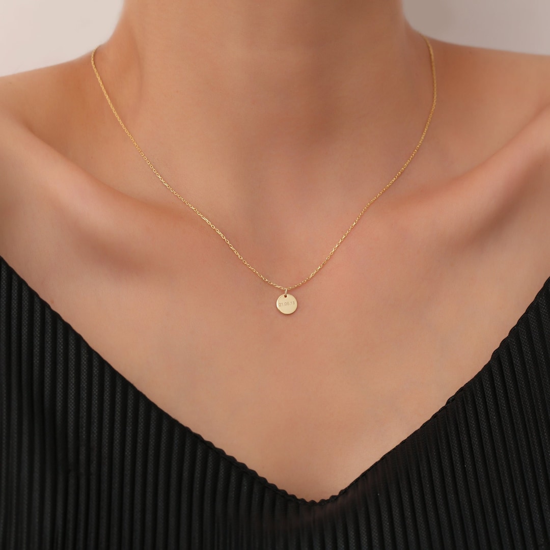 14K Gold Personalized Disc Necklace, Gold Disc Necklace, Custom Date ...