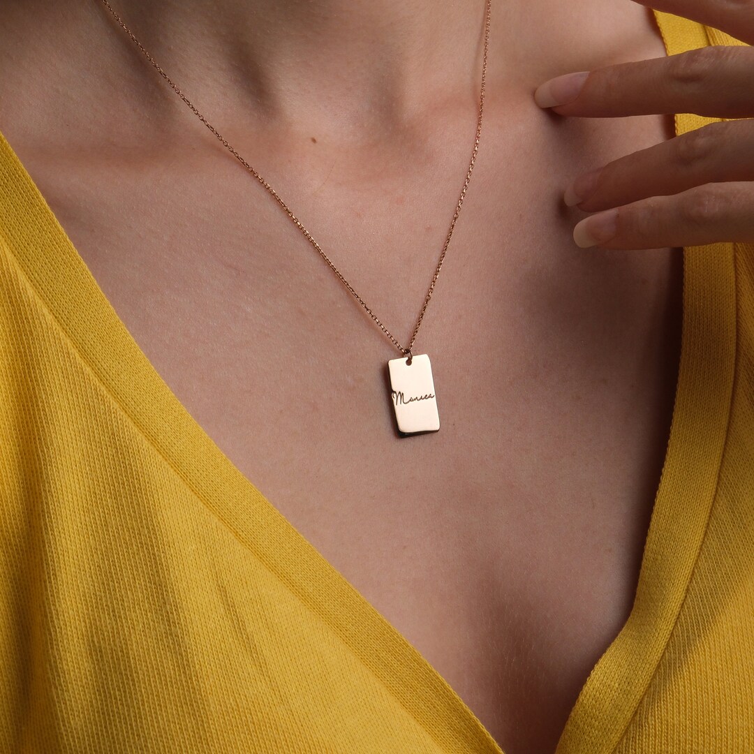 14K Gold Personalized Rectangle Engraved Necklace, Personalized ...