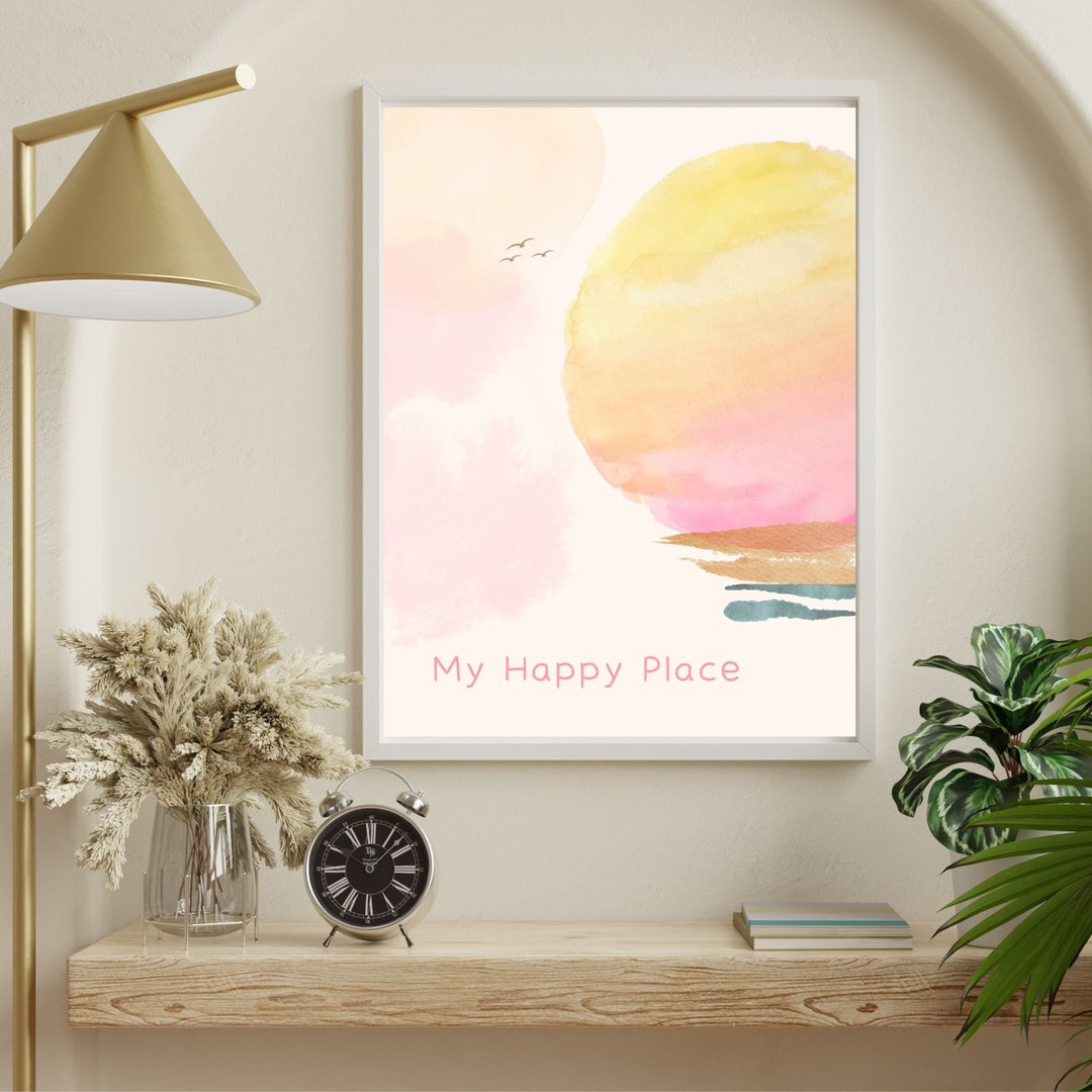 Peaceful Beach Sunset Watercolor Poster, Abstract Beach Wall Decor ...