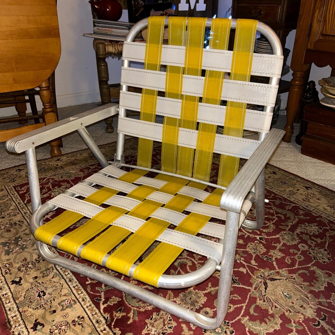 Vintage Aluminum Webbed Folding Lawn Chair Gold/white Camping Beach RV ...