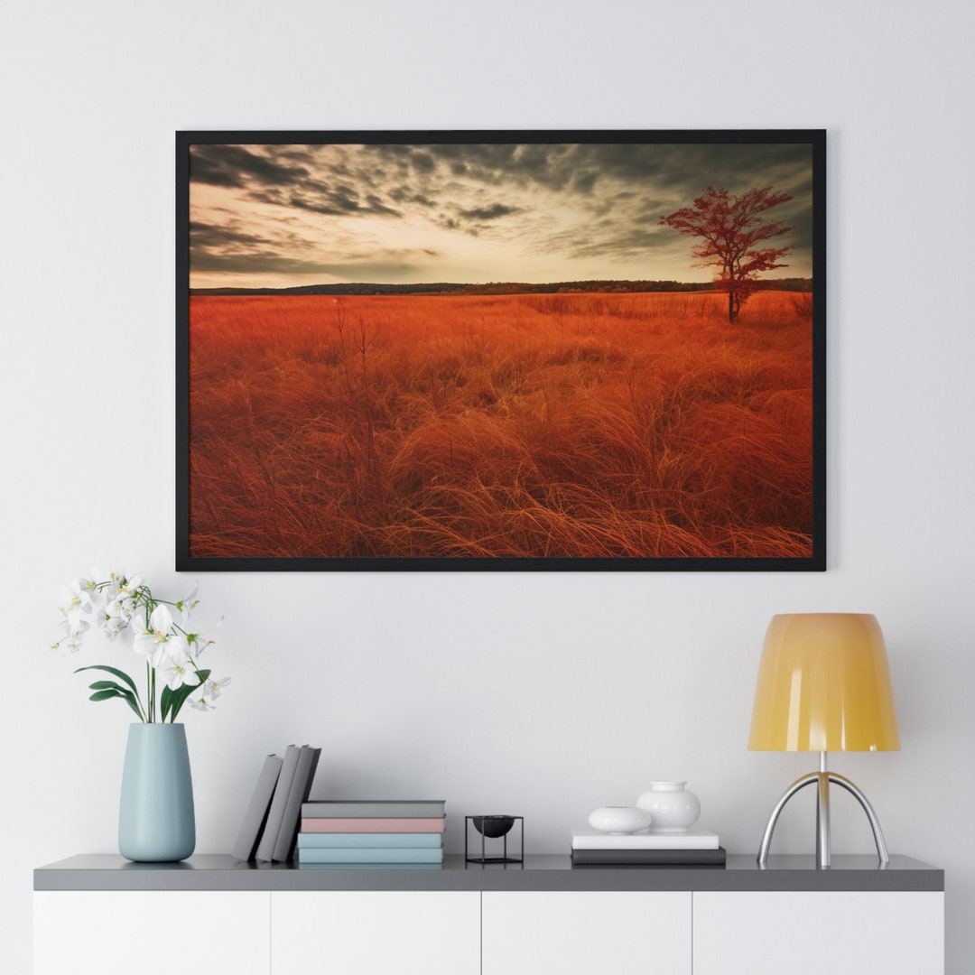 Horizontal Framed Poster of a Vibrant Grassy Field at Sunset, Wall Art ...