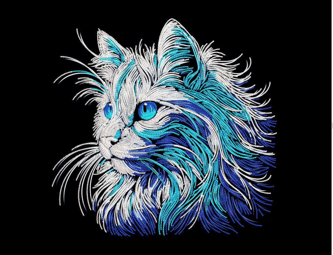 Neon Cat Face Machine Embroidery Design: Blue & White Art (instant ...
